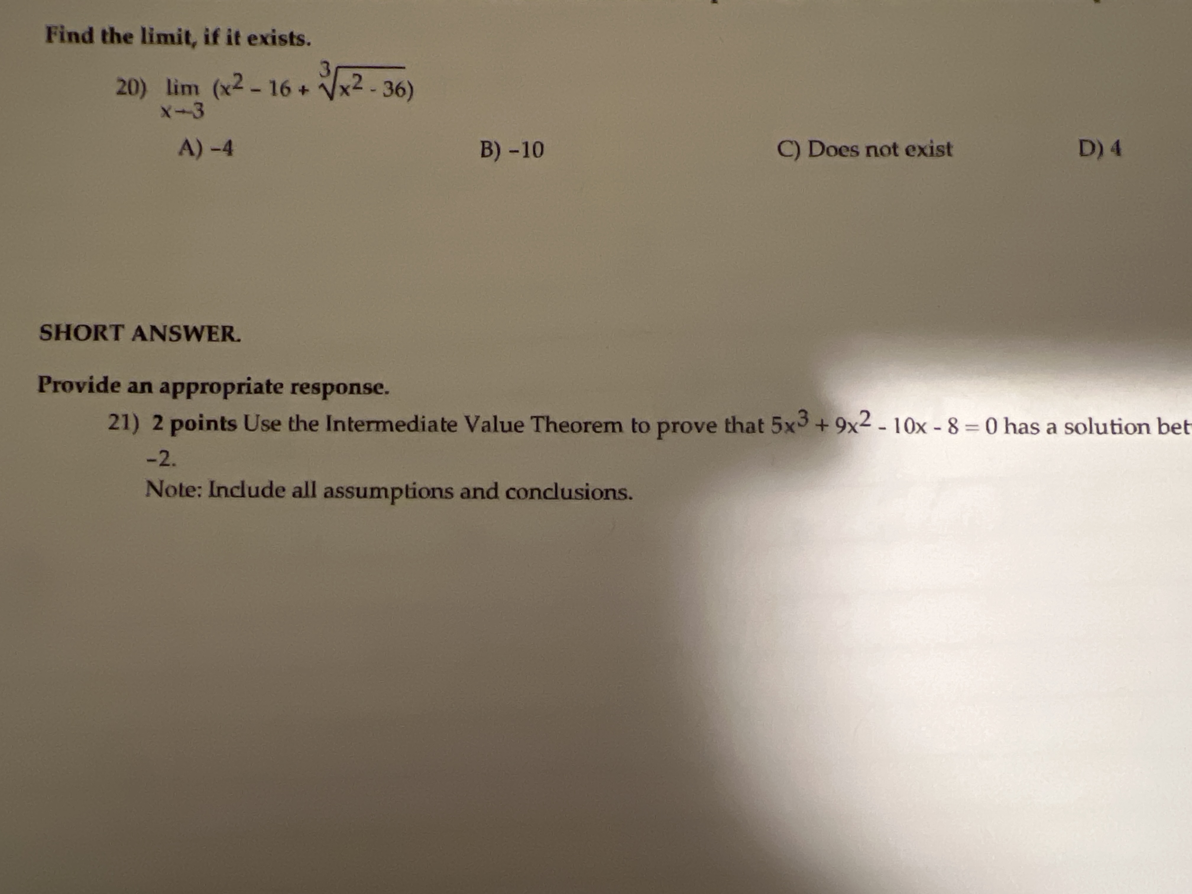Solved Find the limit, ﻿if it exists.limx→3(x2-16+x2-363) | Chegg.com