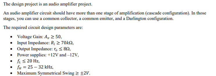 Solved The design project is an audio amplifier project.An | Chegg.com