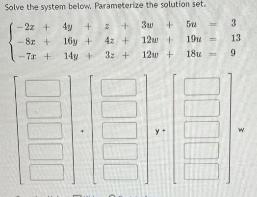 Solved Solve the system below. Parameterize the solution | Chegg.com