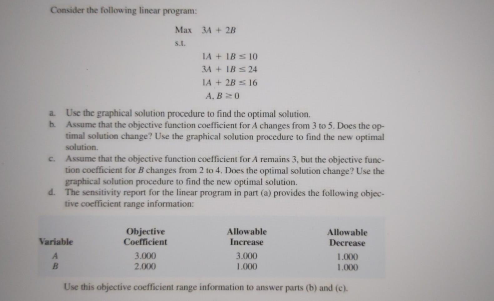 Solved Consider the following linear program: Max 3A + 2B | Chegg.com