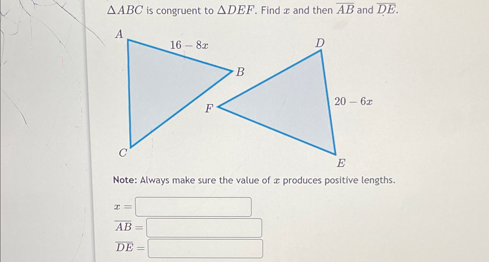 Solved ????ABC ﻿is congruent to ????DEF. ﻿Find x ﻿and then | Chegg.com