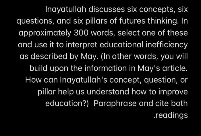 Solved Inayatullah discusses six concepts, six questions, | Chegg.com