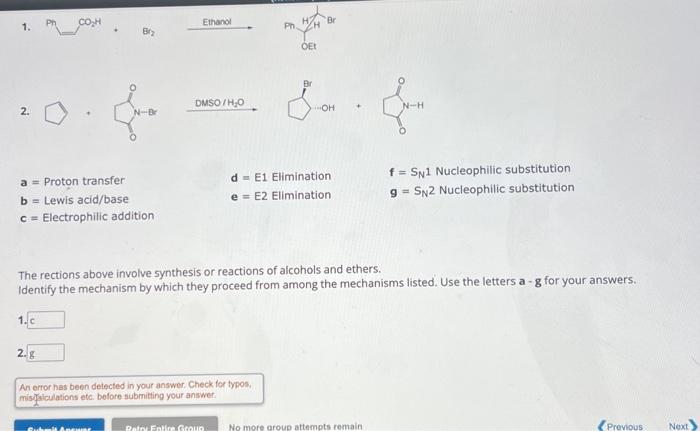 Solved 1. 2. a= Proton transfer d = E1 Elimination f=SN1 | Chegg.com