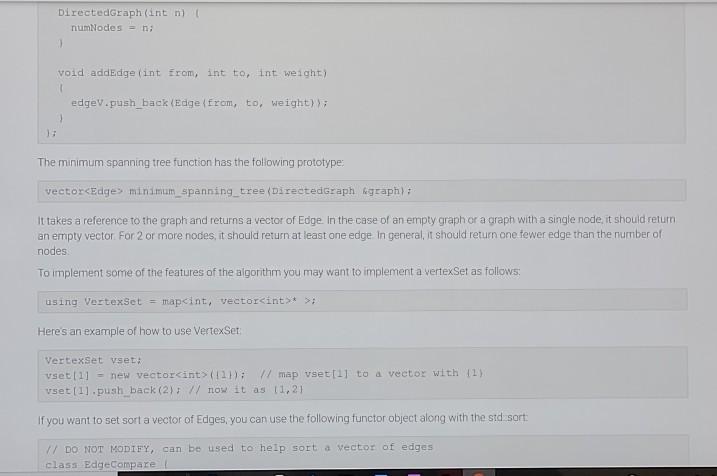 Solved 11.16 Implement a Minimum Spanning Tree in C++. | Chegg.com
