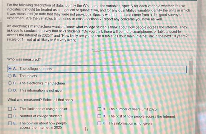 Solved For the following description of data, identify the | Chegg.com