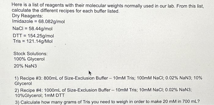 Here is a list of reagents with their molecular | Chegg.com