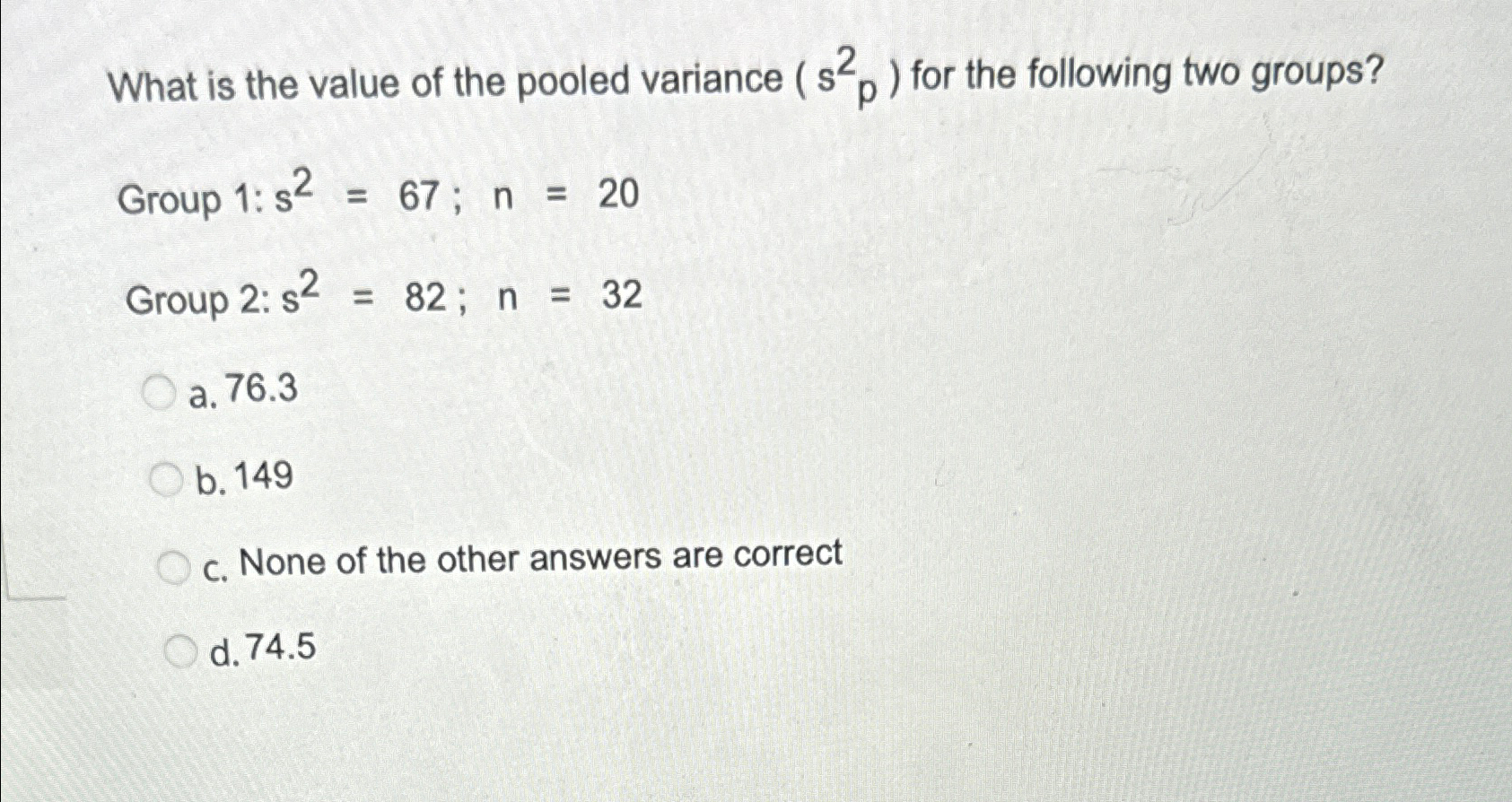 Solved What is the value of the pooled variance (s2p) ﻿for | Chegg.com