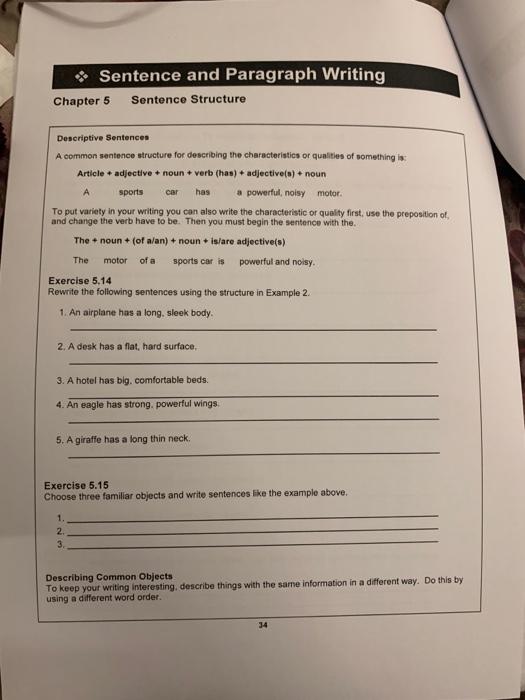 Solved Sentence and Paragraph Writing Chapter 5 Sentence | Chegg.com