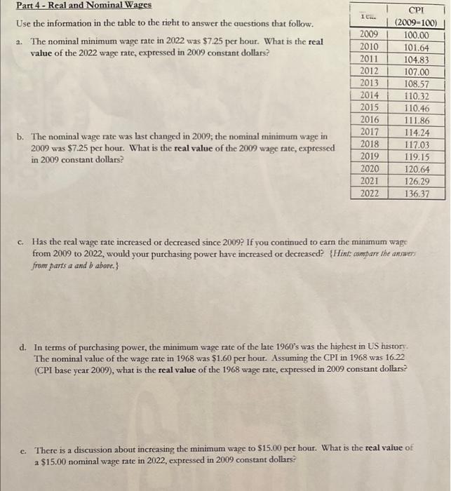 Solved Part 4-Real and Nominal Wages Use the information in | Chegg.com