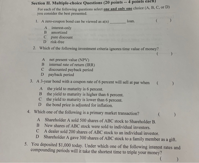 Solved Section II. Multiple-choice Questions (20 points -- 4 | Chegg.com