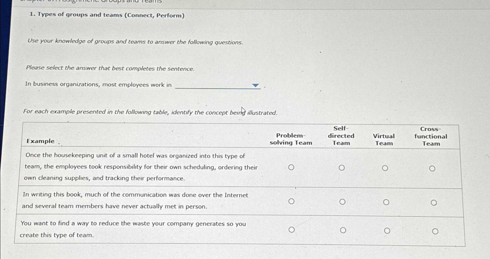 Solved Types of groups and teams (Connect, ﻿Perform)Use your | Chegg.com