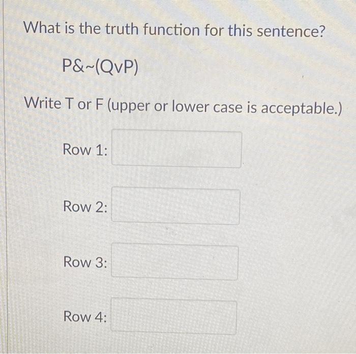 Solved What is the truth function for this sentence? ~PV~Q | Chegg.com