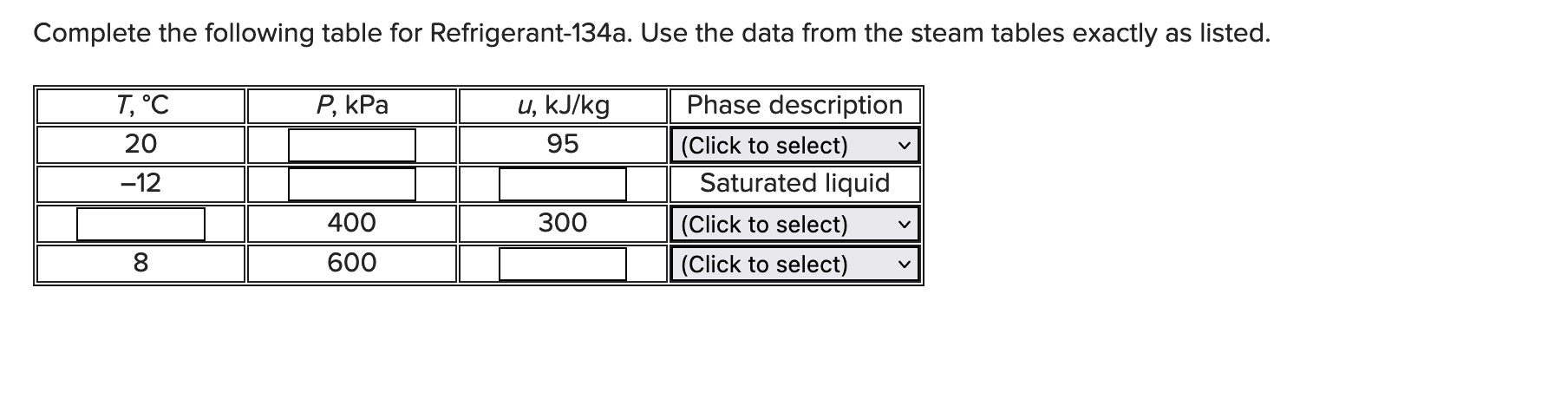 Complete the following table for Refrigerant-134a. | Chegg.com
