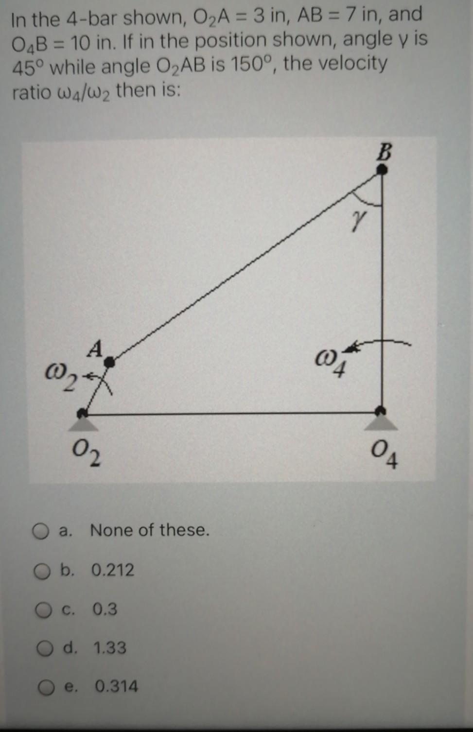 Solved In the 4-bar shown, O2A = 3 in, AB = 7 in, and OAB = | Chegg.com