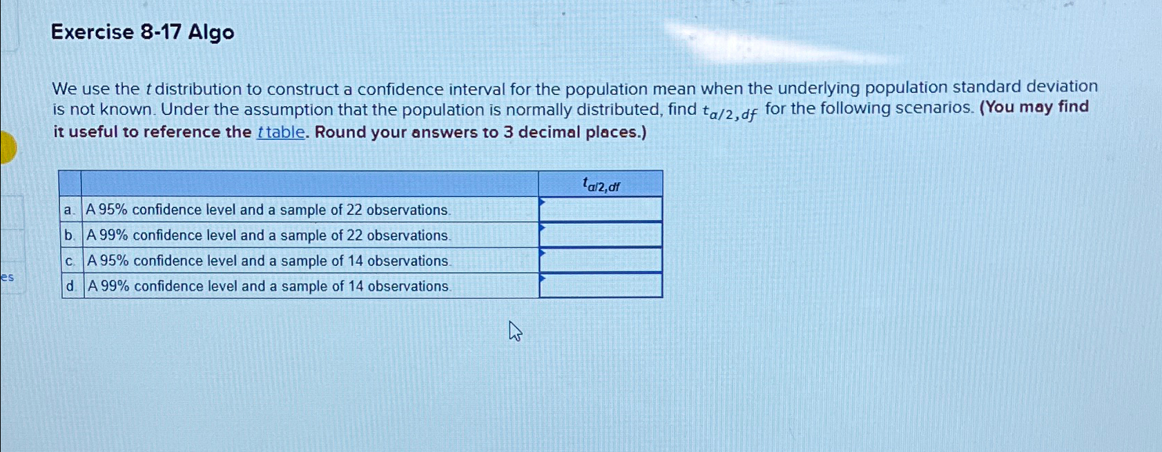 Solved Exercise 8-17 ﻿AlgoWe use the t ﻿distribution to | Chegg.com