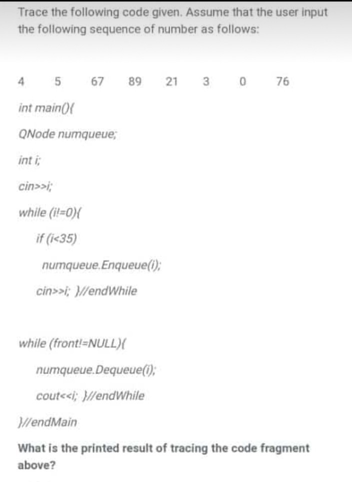 Trace the following code given. Assume that the user | Chegg.com