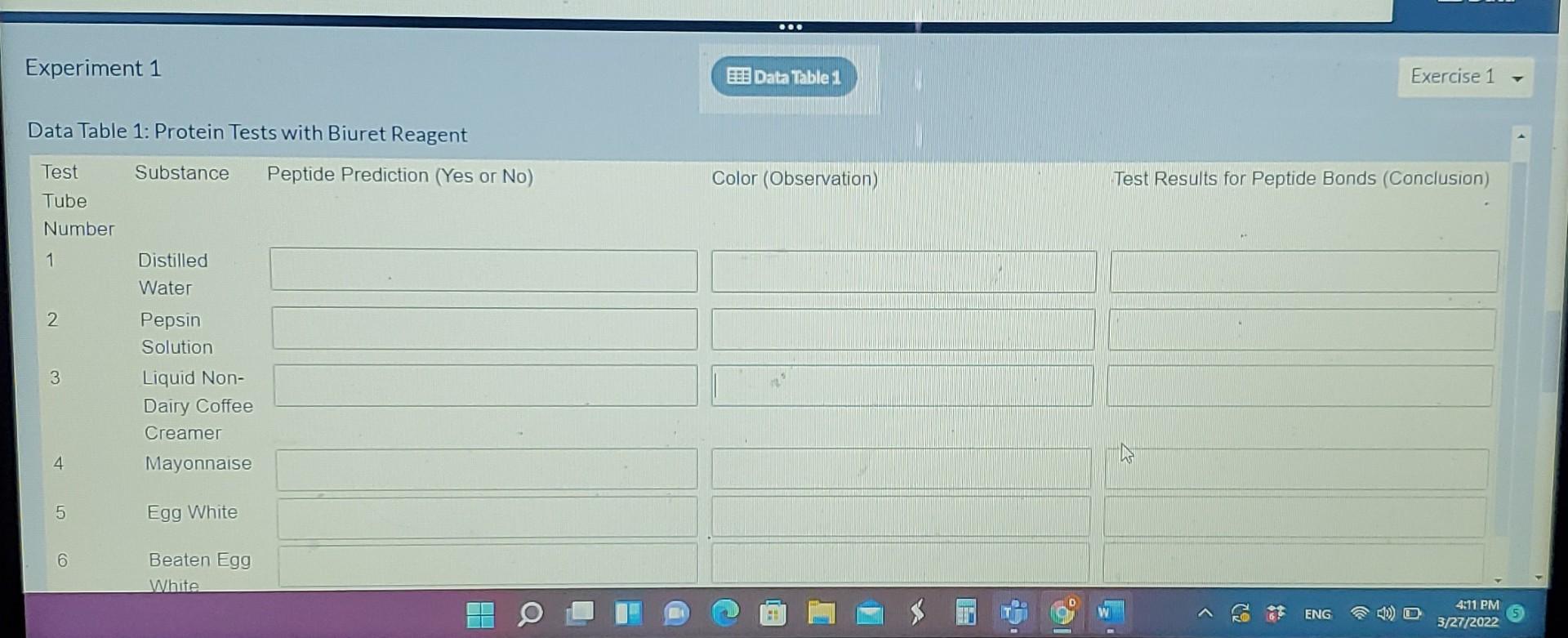 Solved Experiment 1 EB Data Table 1 Exercise 1 Data Table 1: | Chegg.com