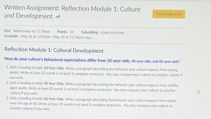 Written Assignment: Reflection Module 1: Culture and | Chegg.com