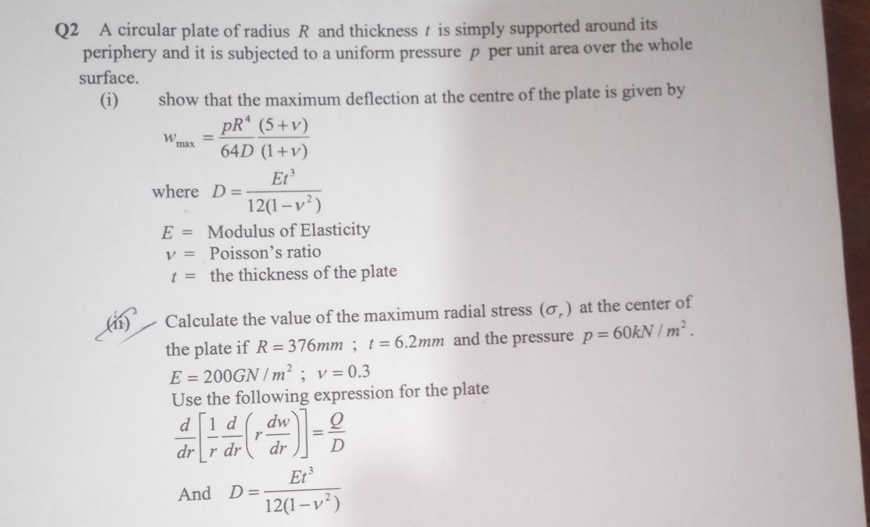 Solved W max Q2 A circular plate of radius R and thickness | Chegg.com