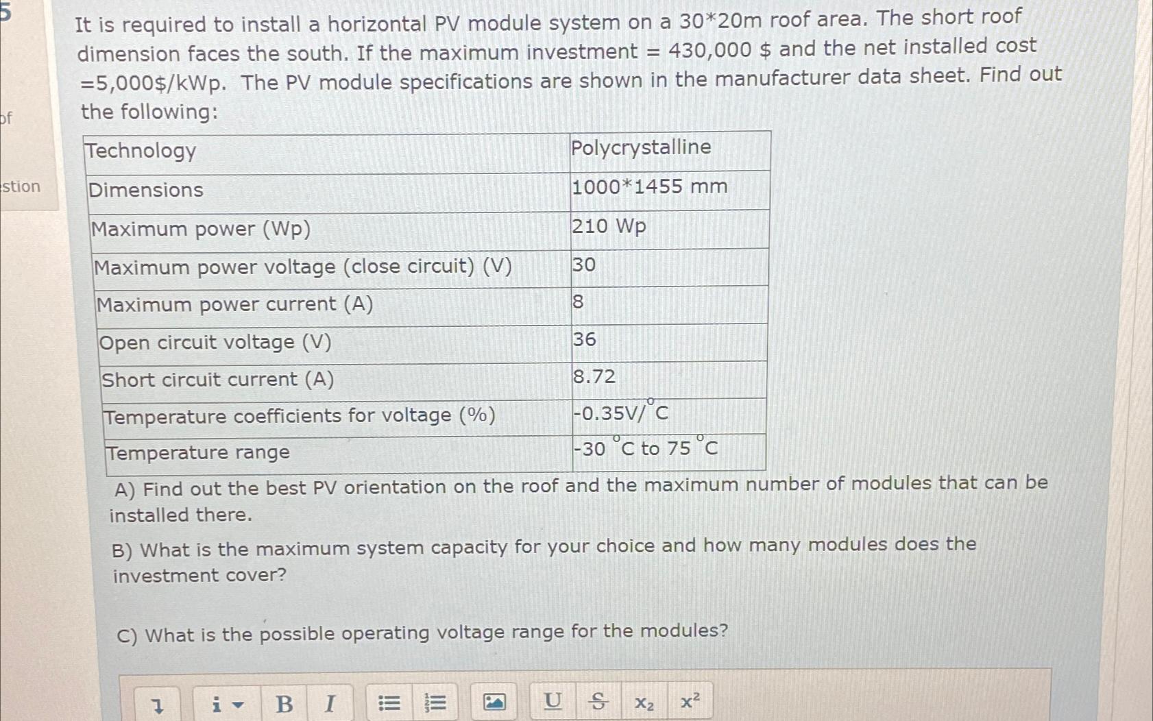Solved It is required to install a horizontal PV module | Chegg.com