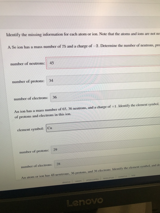 Solved Identify the missing information for each atom or | Chegg.com