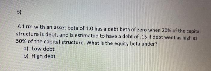 Solved b) A firm with an asset beta of 1.0 has a debt beta | Chegg.com
