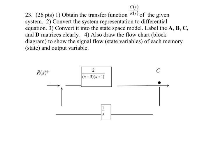 Solved 23. (26 pts) 1) Obtain the transfer function R(s)C(s) | Chegg.com
