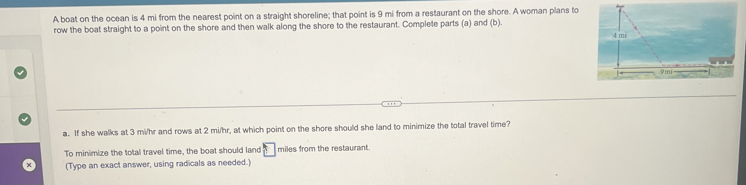 Solved A boat on the ocean is 4 ﻿mi from the nearest point | Chegg.com