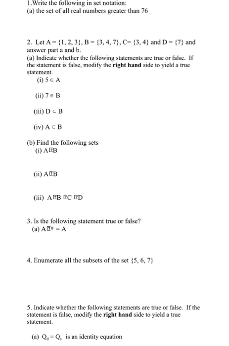 Solved 1. Write the following in set notation: (a) the set | Chegg.com