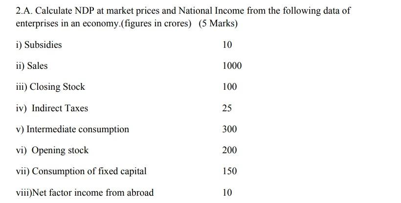 Solved 2.A. Calculate NDP at market prices and National | Chegg.com
