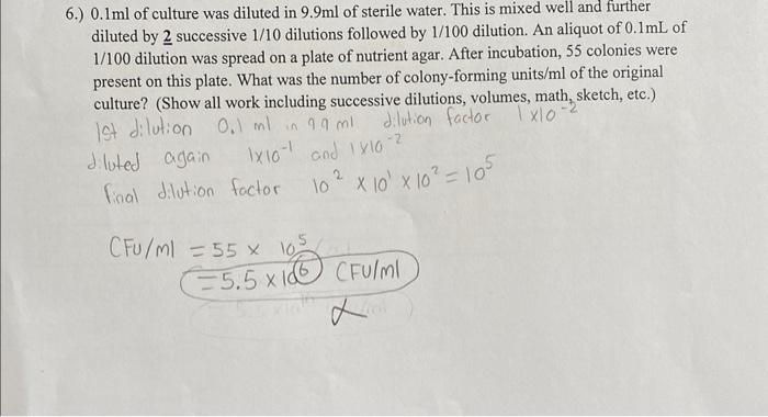 Solved 6.) 0.1ml of culture was diluted in 9.9ml of sterile | Chegg.com