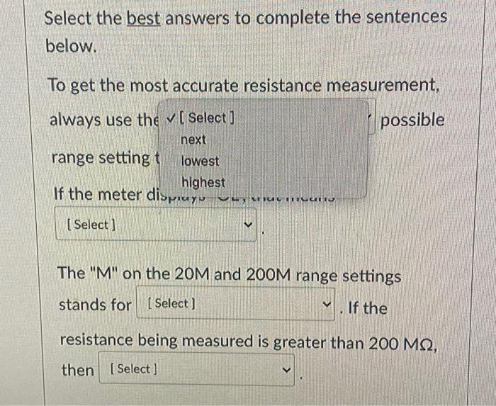 Solved Select the best answers to complete the sentences | Chegg.com