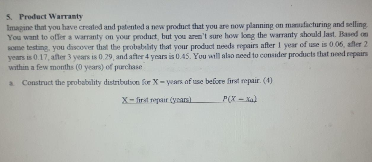 Solved 5. Product Warranty Imagine that you have created and | Chegg.com