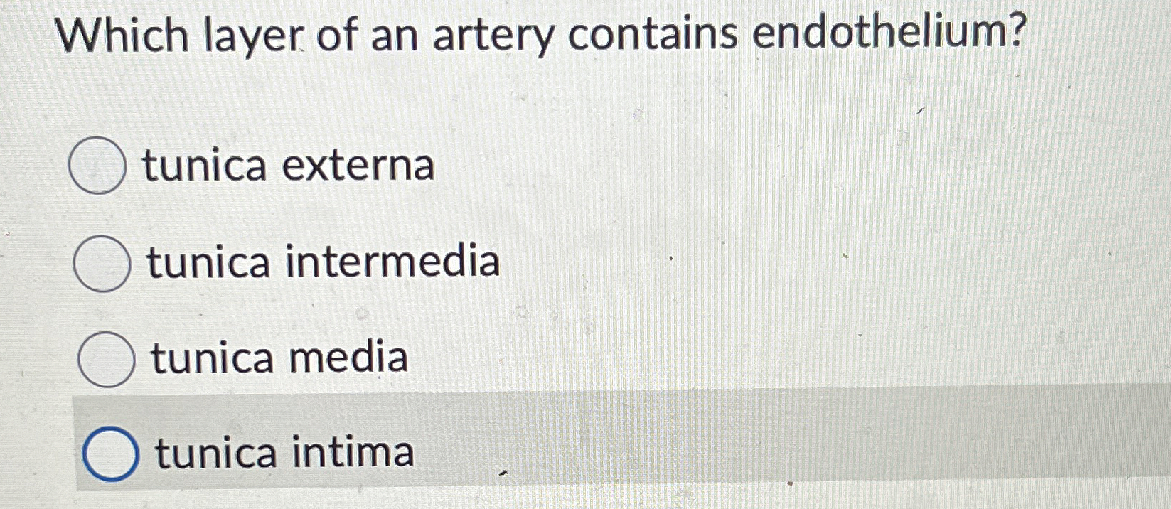 Solved Which layer of an artery contains endothelium?tunica | Chegg.com