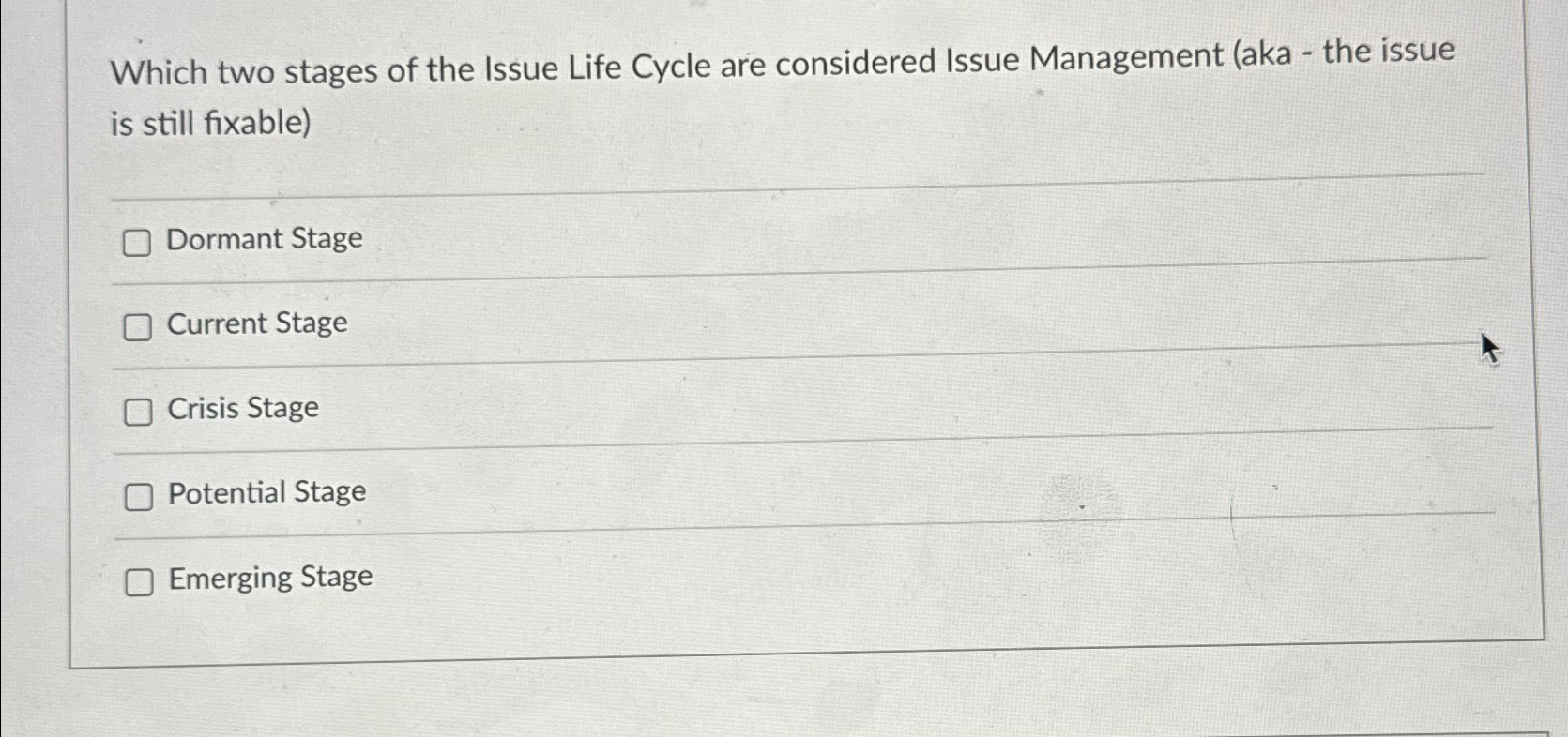 Solved Which two stages of the Issue Life Cycle are | Chegg.com