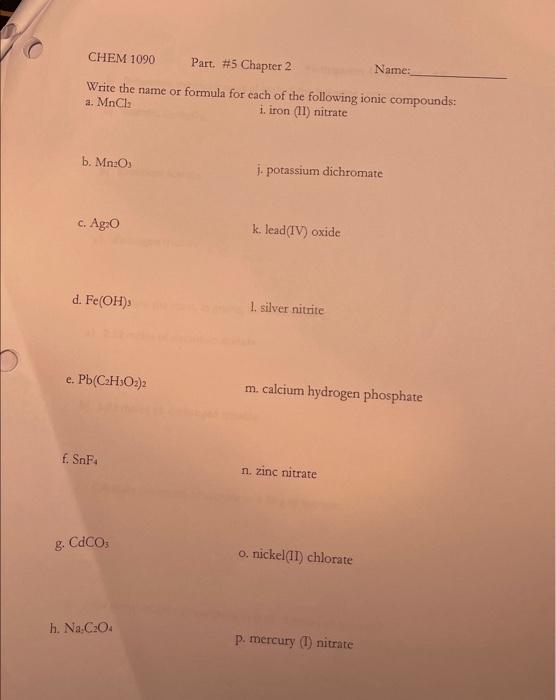 Solved Write the name or formula for each of the following | Chegg.com
