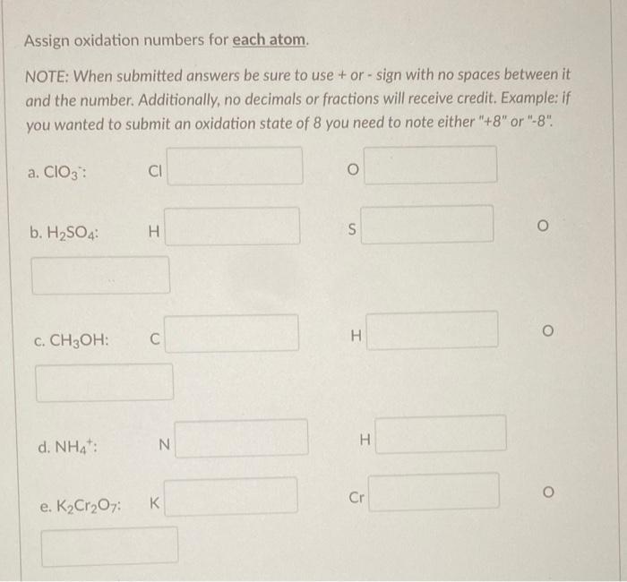 Solved Assign oxidation numbers for each atom. NOTE: When | Chegg.com