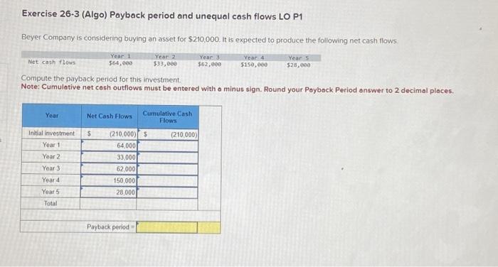 Solved Exercise 26-3 (Algo) Payback period and unequal cash | Chegg.com