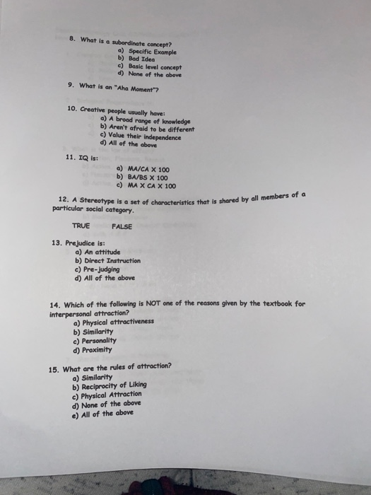 Solved 8. What is a subordinate concept? a) Specific Example | Chegg.com