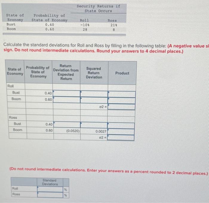 Solved Calculate the standard deviations for Roll and Ross | Chegg.com
