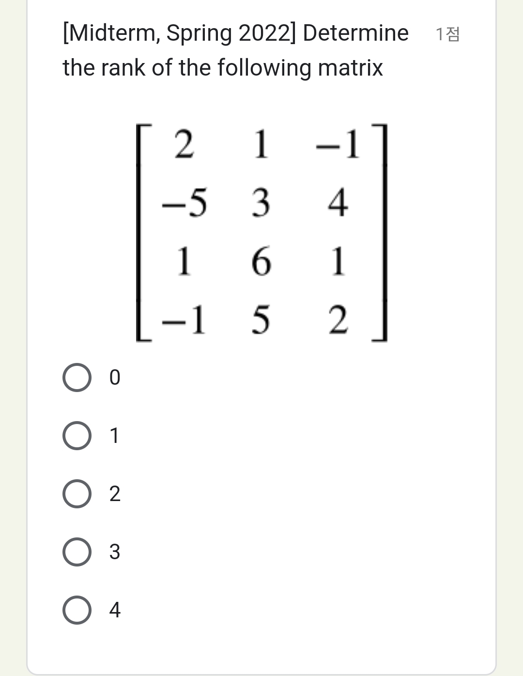 Solved [Midterm, ﻿Spring 2022] ﻿Determine1점the rank of the | Chegg.com