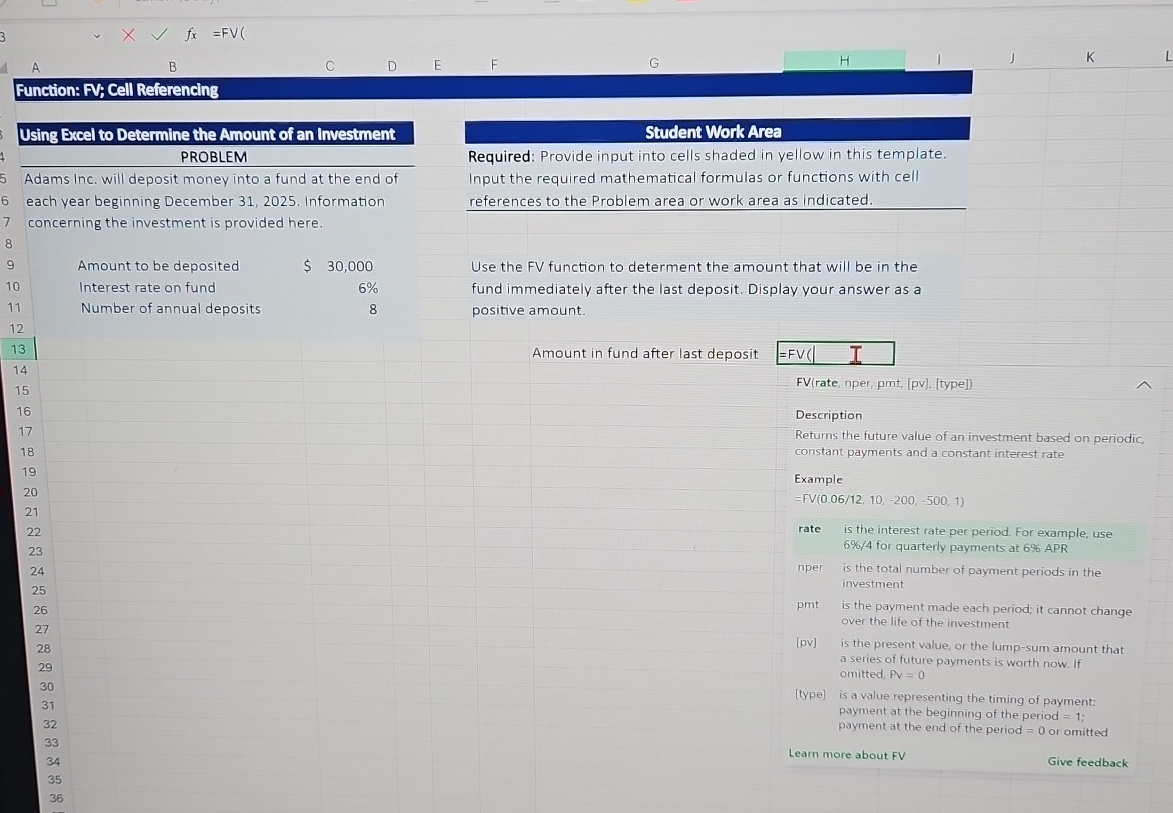 Solved Function: FV2 ﻿Cell ReferencingUsing Excel to | Chegg.com