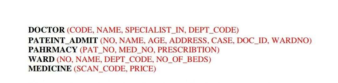 Solved DOCTOR (CODE, NAME, SPECIALIST_IN, DEPT_CODE) | Chegg.com
