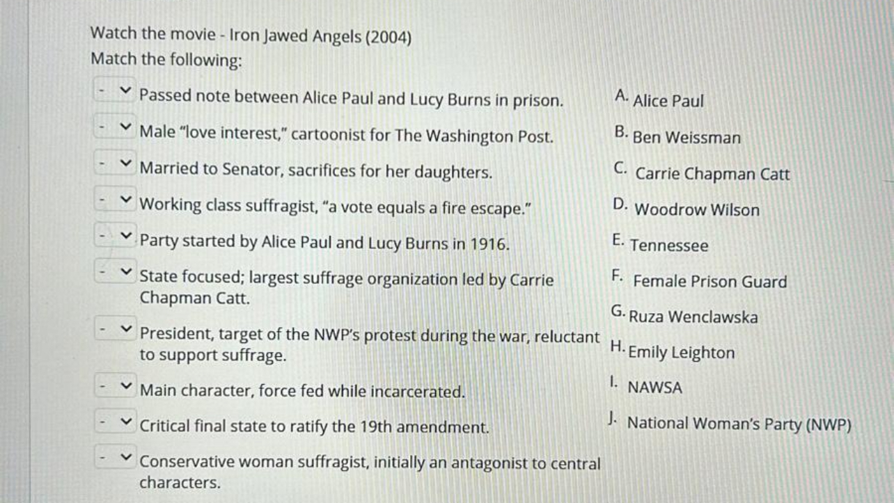 Solved Watch the movie - ﻿Iron Jawed Angels (2004)Match the | Chegg.com