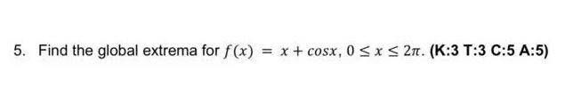 Solved 5. Find the global extrema for f(x)=x+cosx,0≤x≤2π. | Chegg.com