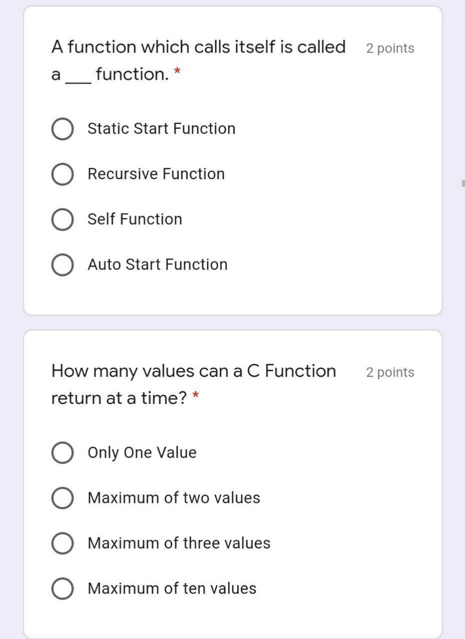 Solved 2 points A function which calls itself is called a | Chegg.com