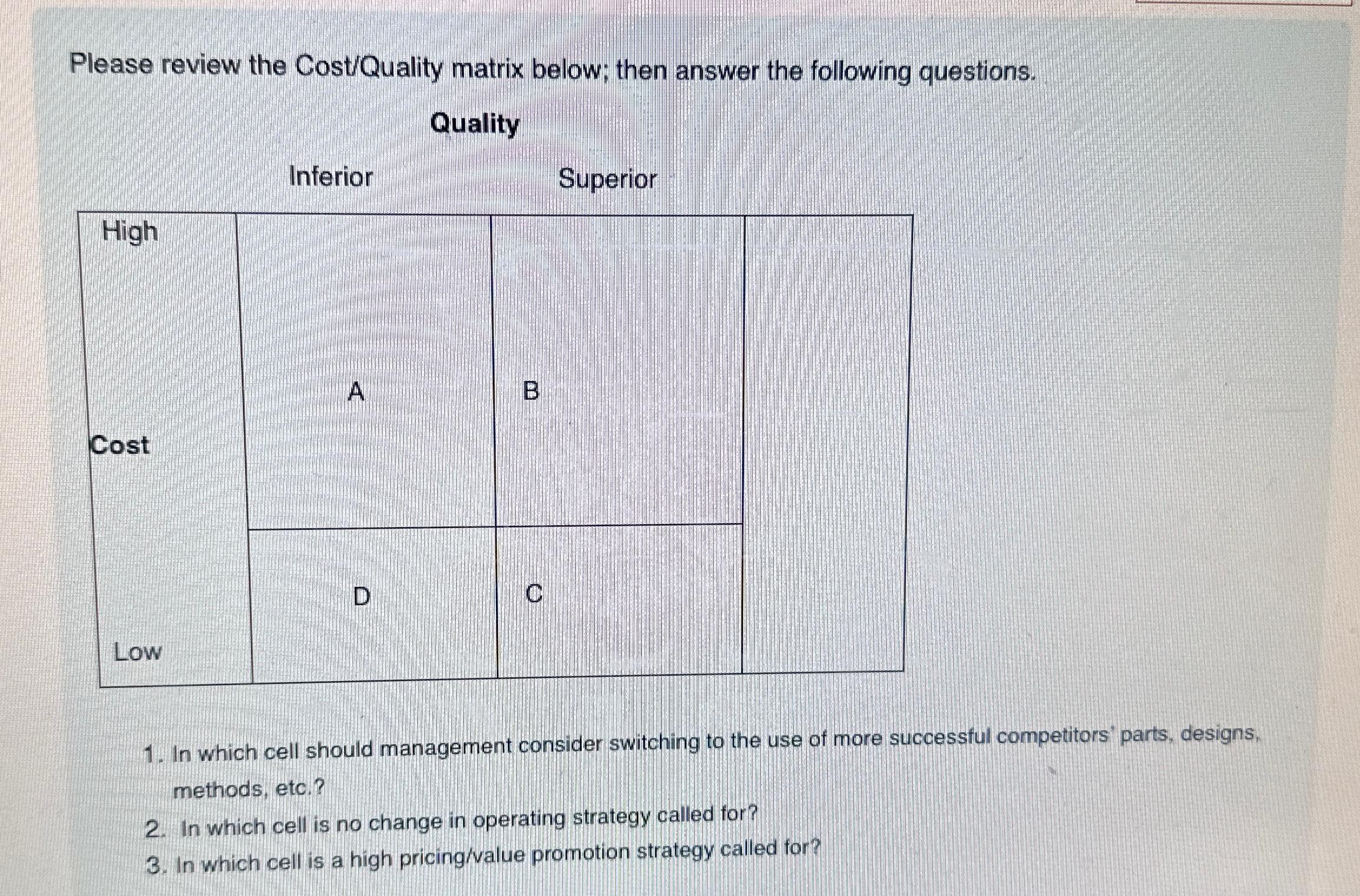 Solved Please review the Cost/Quality matrix below; then | Chegg.com