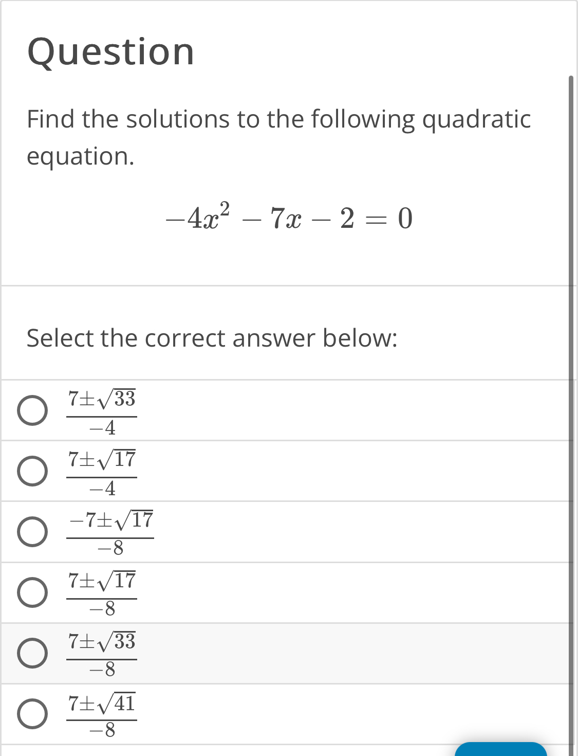 Solved QuestionFind the solutions to the following quadratic | Chegg.com