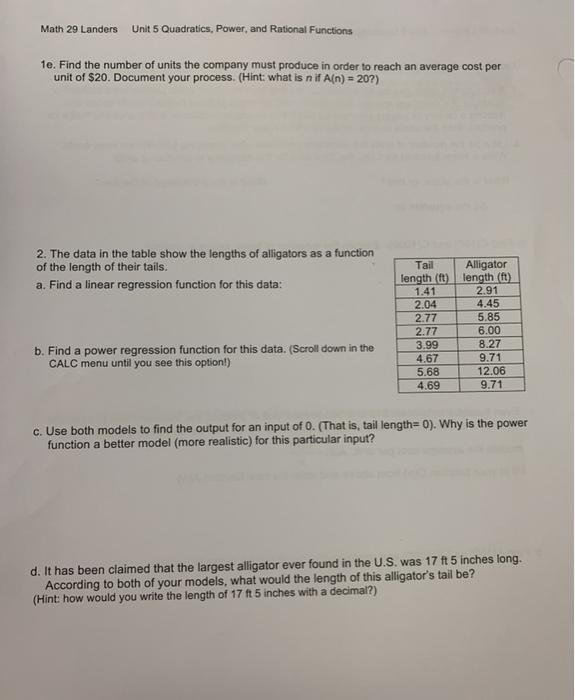 Solved Math 29 Landers Unit 5 Quadratics, Power, and | Chegg.com