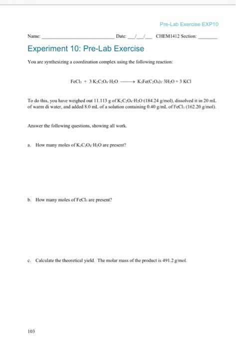 Solved Pre Lab Exercise Exp10 Name Chemi412 Section Date